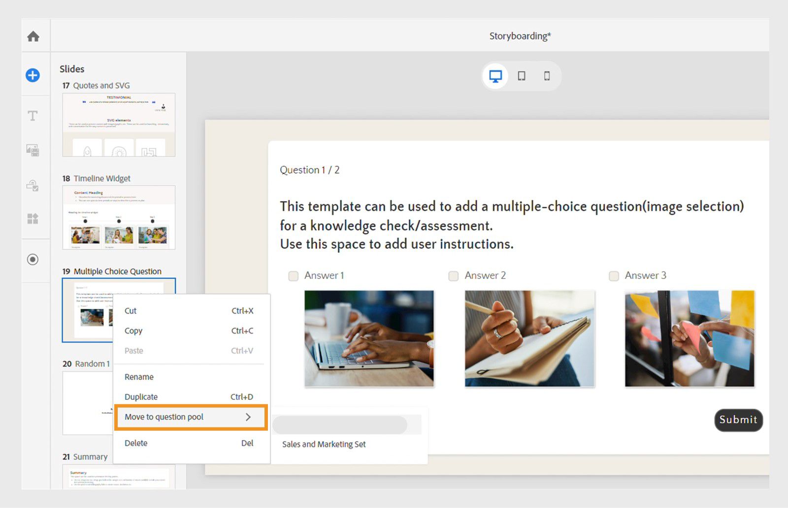 Add Question Pools and random questions in Adobe Captivate